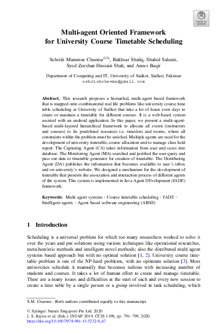 (PDF) Multi-agent Oriented Framework for University Course Timetable Scheduling