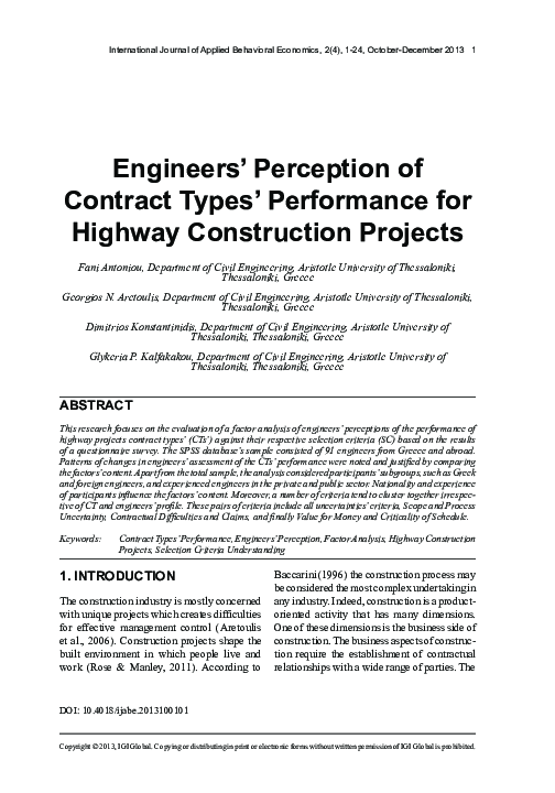 Pdf Engineers Perception Of Contract Types Performance For Highway Construction Projects
