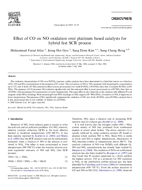 (PDF) Effect of CO on NO oxidation over platinum based catalysts for ...
