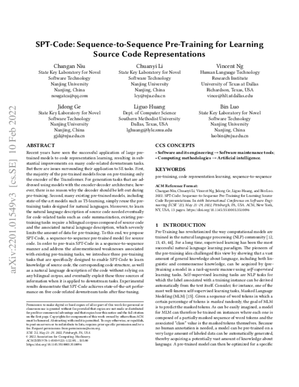 (PDF) SPT-Code: Sequence-to-Sequence Pre-Training for Learning the Representation of Source Code