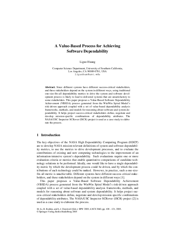 (PDF) A Value-Based Process for Achieving Software Dependability