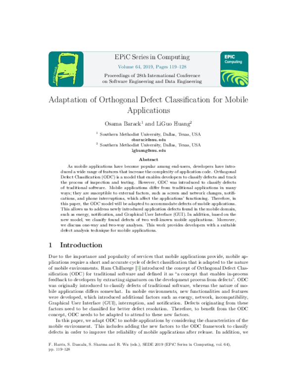 (PDF) Adaptation of Orthogonal Defect Classification for Mobile Applications