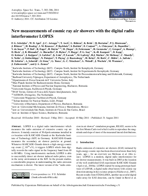 (PDF) New measurements of cosmic ray air showers with the digital radio interferometer LOPES ...
