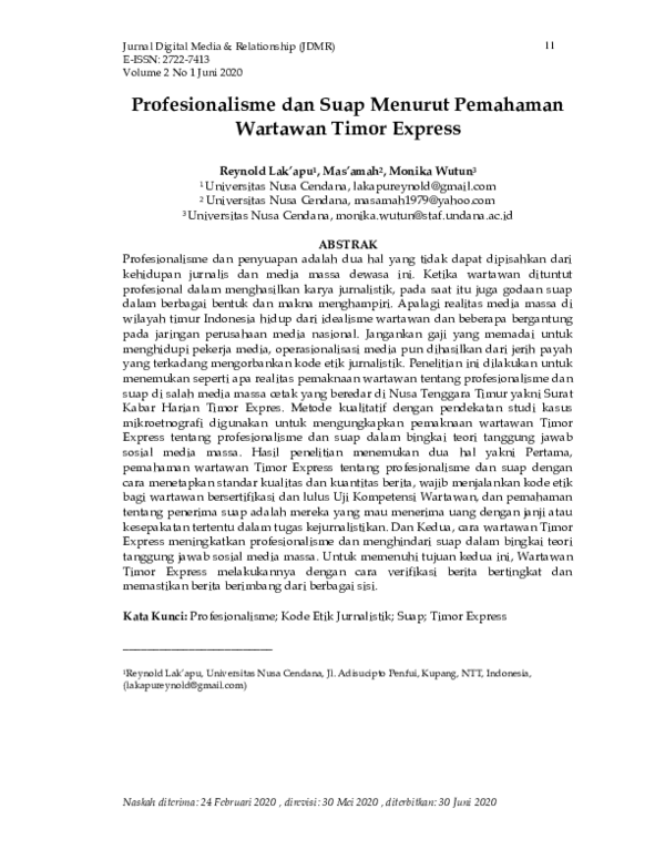 (PDF) Profesionalisme dan Suap Menurut Pemahaman Wartawan Timor Express