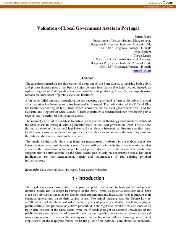 (PDF) Valuation of local government assets in Portugal