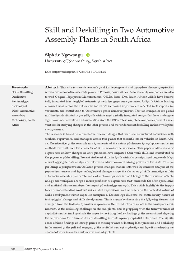 (PDF) Skill and Deskilling in Two Automotive Assembly Plants in South ...