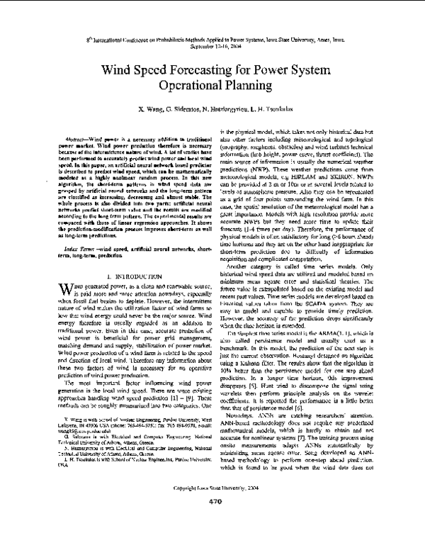 Pdf Wind Speed Forecasting For Power System Operational Planning 7760
