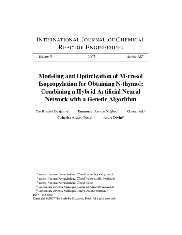 (PDF) Modeling and Optimization of M-cresol Isopropylation for Obtaining N-thymol: Combining a ...