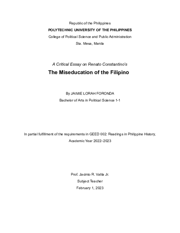 (DOC) A Critical Paper on Constantino's The Miseducation of the Filipino | Jaimie Lorah ...