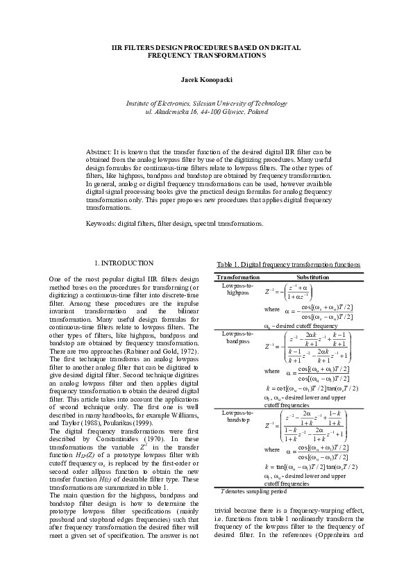 Pdf D03 Iir Filters Design Procedures Based On Digital Frequency Transformations Jacek