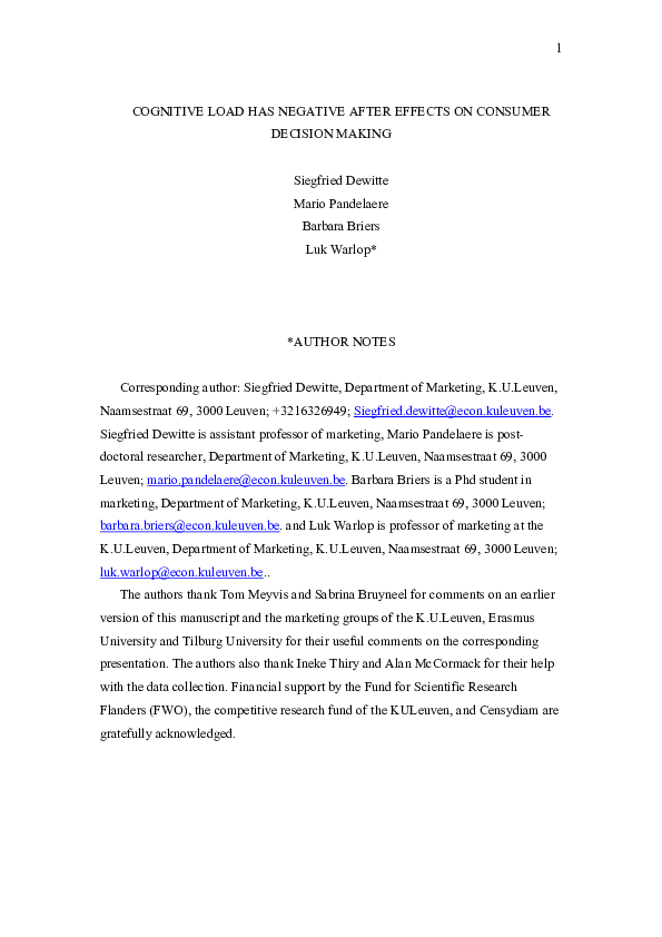 (PDF) Cognitive Load has Negative After Effects on Consumer Decision Making | Barbara Briers ...