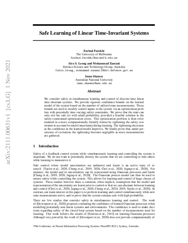 (PDF) Safe Learning of Linear Time-Invariant Systems
