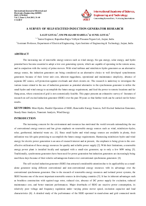 Pdf A Survey Of Self Excited Induction Generator Research