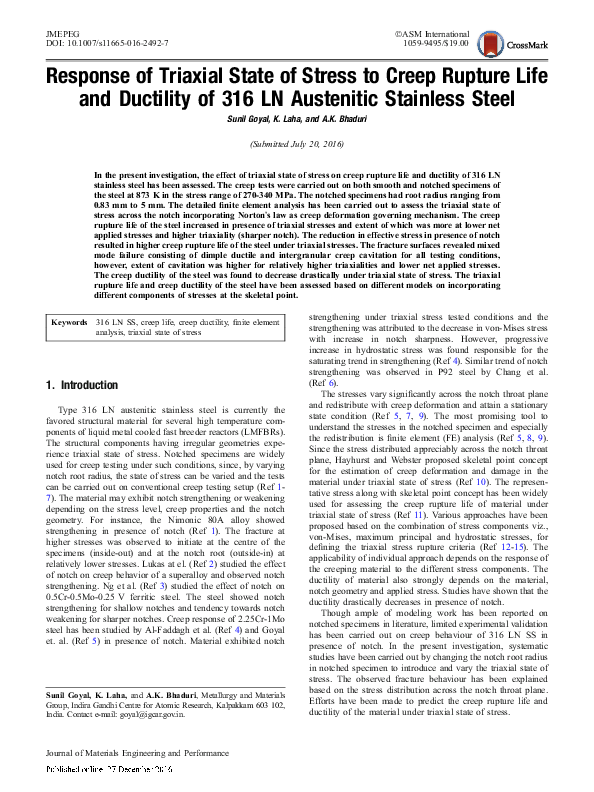 (PDF) Response of Triaxial State of Stress to Creep Rupture Life and ...