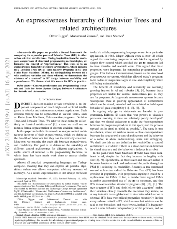 (PDF) An Expressiveness Hierarchy of Behavior Trees and Related ...