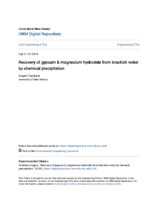 (PDF) Recovery of gypsum & magnesium hydroxide from brackish water by ...