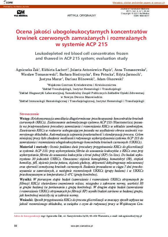 Leukodepleted red blood cell concentrates frozen and thawed in ACP 215 ...