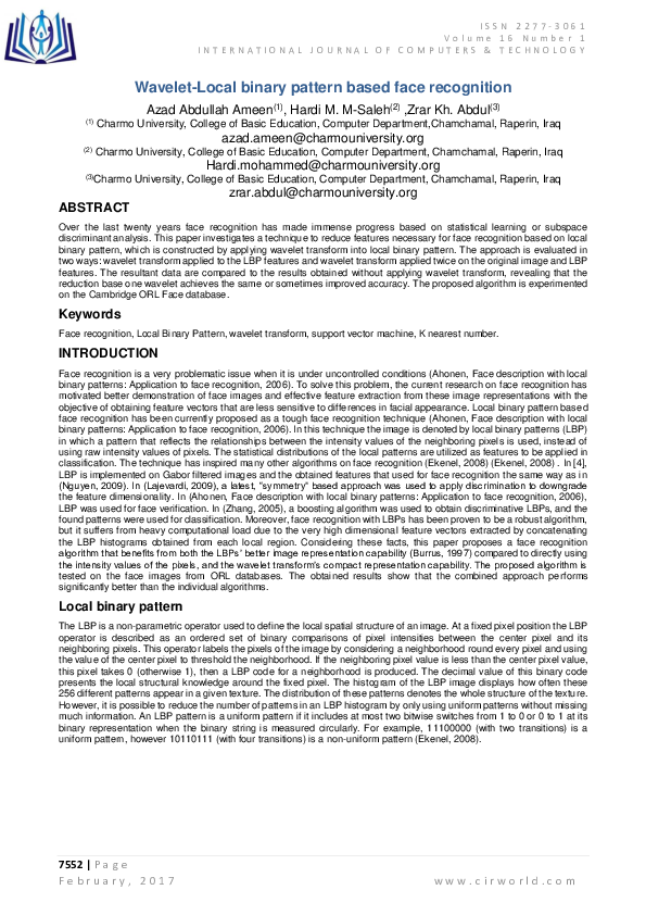 Pdf Wavelet Local Binary Pattern Based Face Recognition