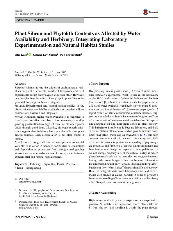 (PDF) Plant Silicon and Phytolith Contents as Affected by Water ...