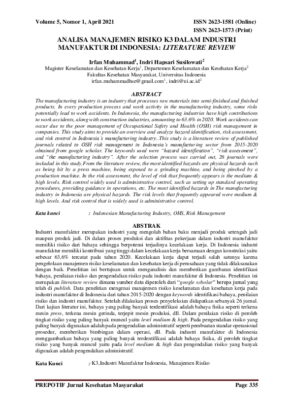(PDF) Analisa Manajemen Risiko K3 Dalam Industri Manufaktur DI Indonesia: Literature Review