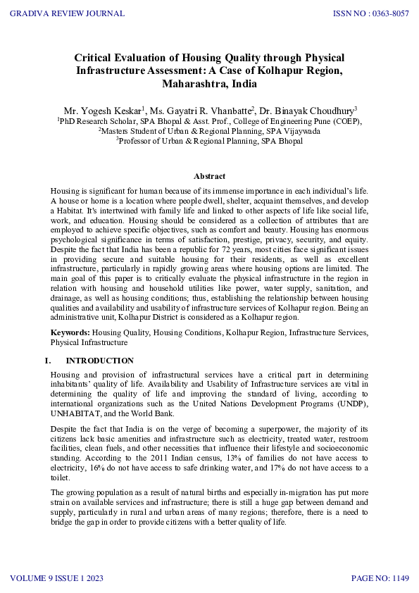 Pdf Critical Evaluation Of Housing Quality Through Physical Infrastructure Assessment A Case