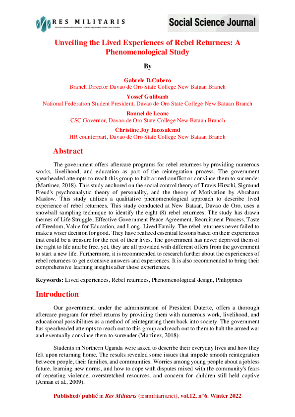 (PDF) Unveiling the Lived Experiences of Rebel Returnees: A ...