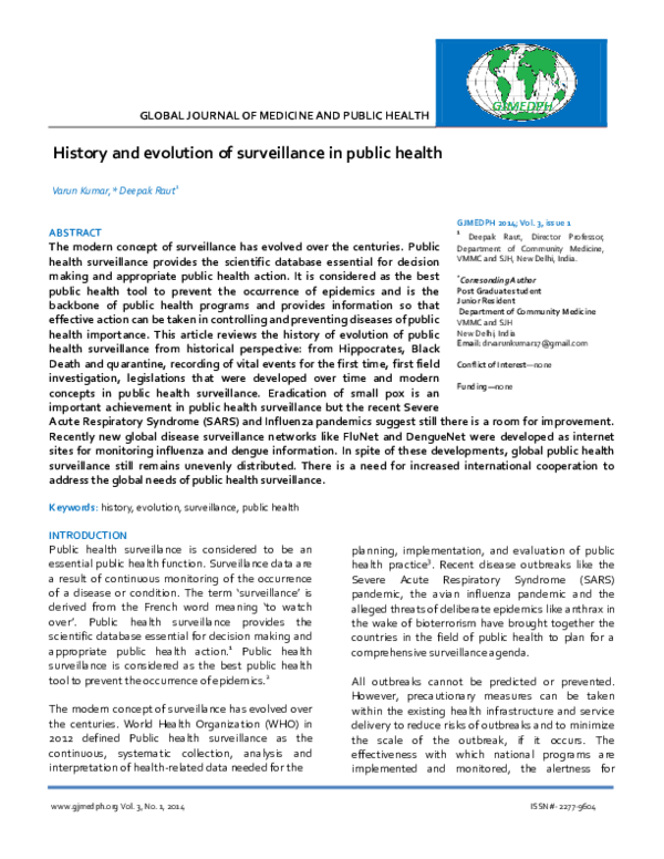 (PDF) History and evolution of surveillance in public health