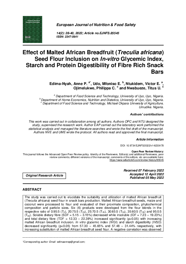 (PDF) Effect of Malted African Breadfruit (Treculia africana) Seed ...