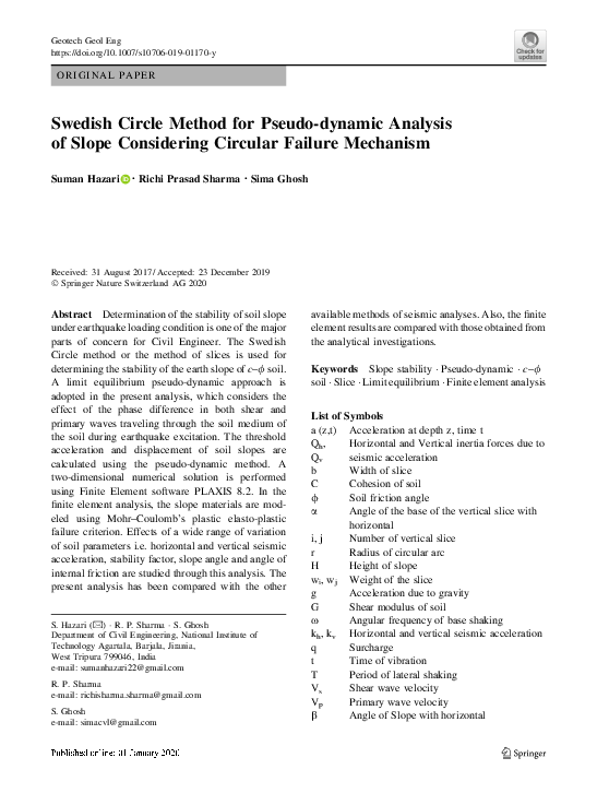 (PDF) Swedish Circle Method for Pseudo-dynamic Analysis of Slope Considering Circular Failure ...