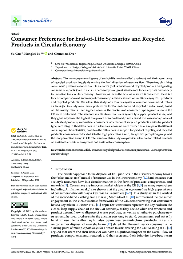 (PDF) Consumer Preference for End-of-Life Scenarios and Recycled ...