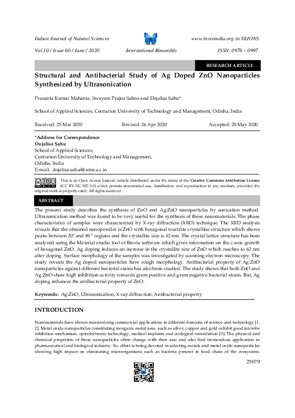 (PDF) Structural and Antibacterial Study of Ag Doped ZnO Nanoparticles ...