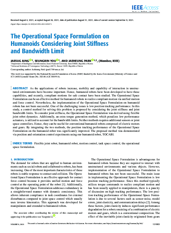 Pdf The Operational Space Formulation On Humanoids Considering Joint Stiffness And Bandwidth Limit