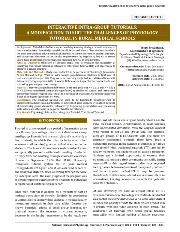 (PDF) Interactive intra-group tutorials: A modification to suit the challenges of physiology ...
