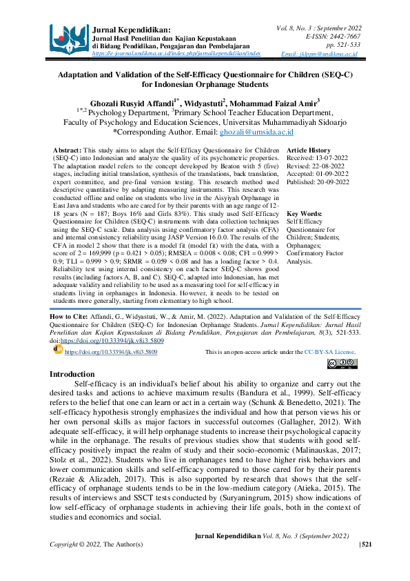 (PDF) Adaptation and Validation of the Self-Efficacy Questionnaire for ...