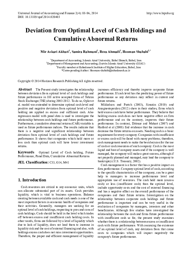 (PDF) Deviation from Optimal Level of Cash Holdings and Cumulative ...