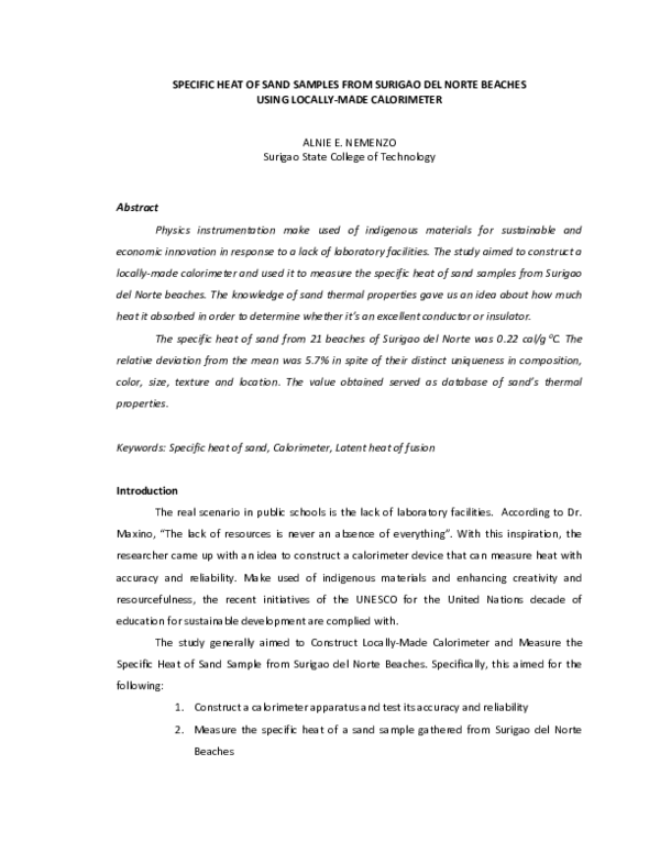 Specific Heat of Sand Samples from Surigao Del Norte Beaches Using ...