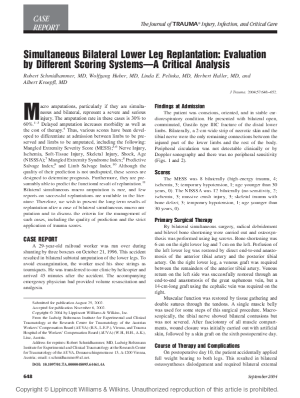 (PDF) Simultaneous Bilateral Lower Leg Replantation: Evaluation by ...