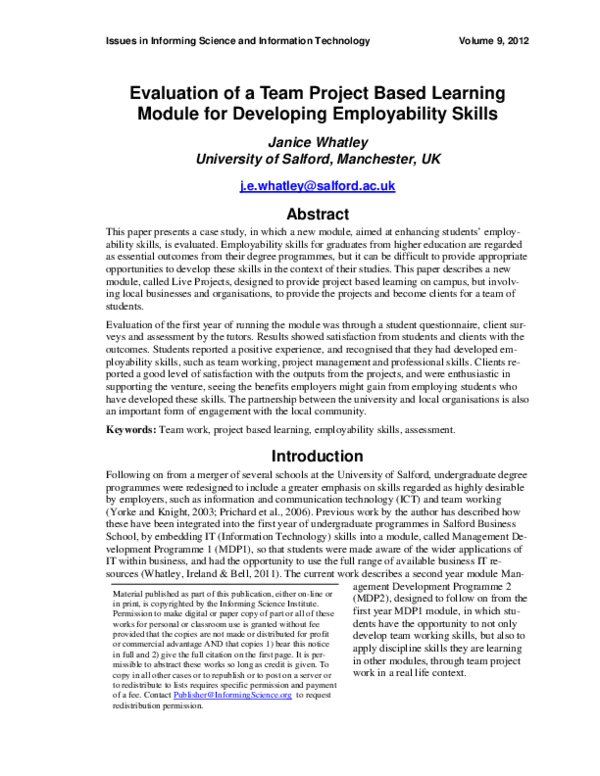 (PDF) Evaluation of a Team Project Based Learning Module for Developing Employability Skills