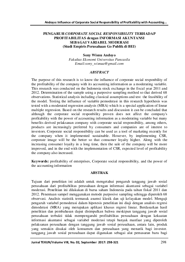 (PDF) PENGARUH CORPORATE SOCIAL RESPONSIBILITY TERHADAP PROFITABILITAS ...