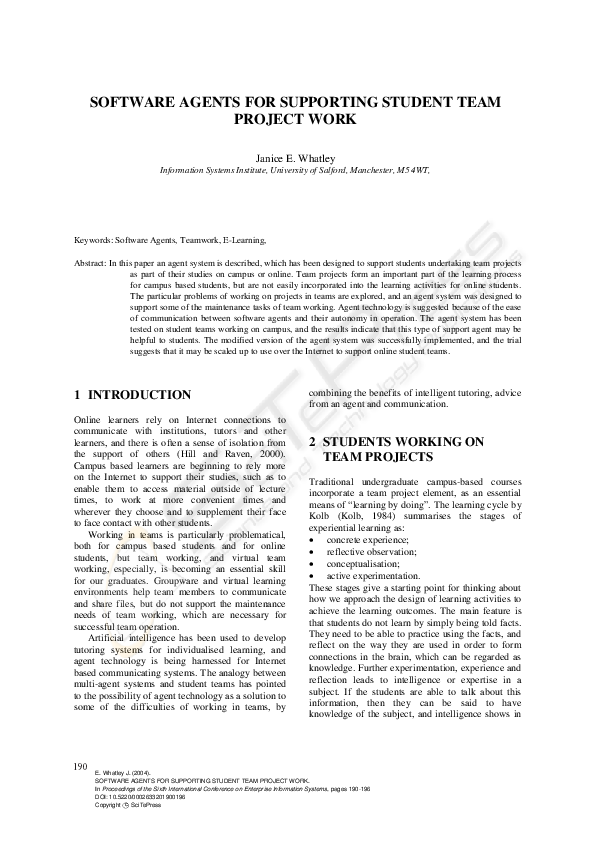 (PDF) Software Agents for Supporting Student Team Project Work