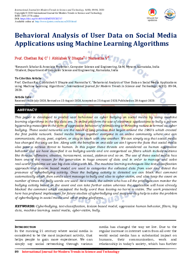 Pdf Behavioral Analysis Of User Data On Social Media Applications Using Machine Learning