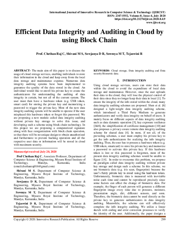 Pdf Efficient Data Integrity And Auditing In Cloud By Using Block Chain