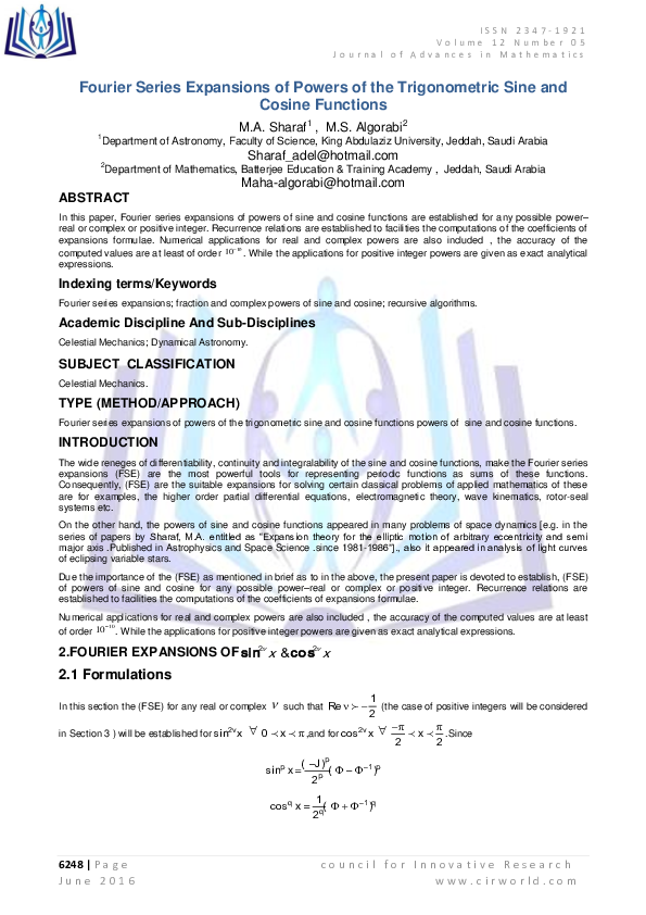 (PDF) Fourier Series Expansions of Powers of the Trigonometric Sine and Cosine Functions