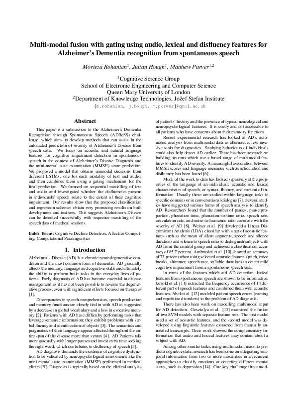 Pdf Multi Modal Fusion With Gating Using Audio Lexical And Disfluency Features For Alzheimer