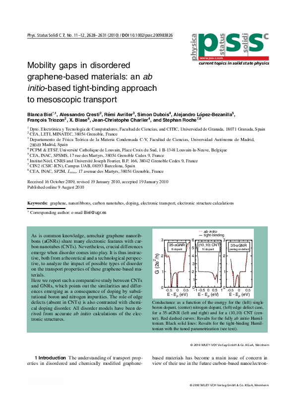 Pdf Mobility Gaps In Disordered Graphene Based Materials An Ab Initio Based Tight Binding