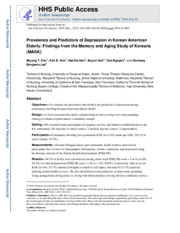 (PDF) Prevalence and Predictors of Depression in Korean American ...