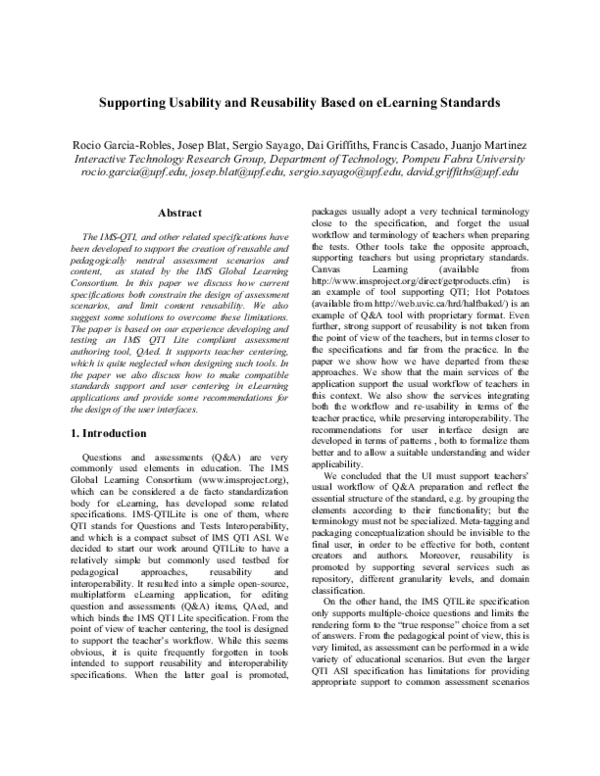 (PDF) Supporting usability and reusability based on elearning standards