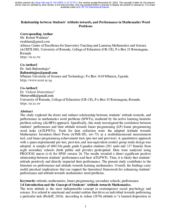 (PDF) Relationship between Students’ Attitude towards, and Performance in Mathematics Word Problems