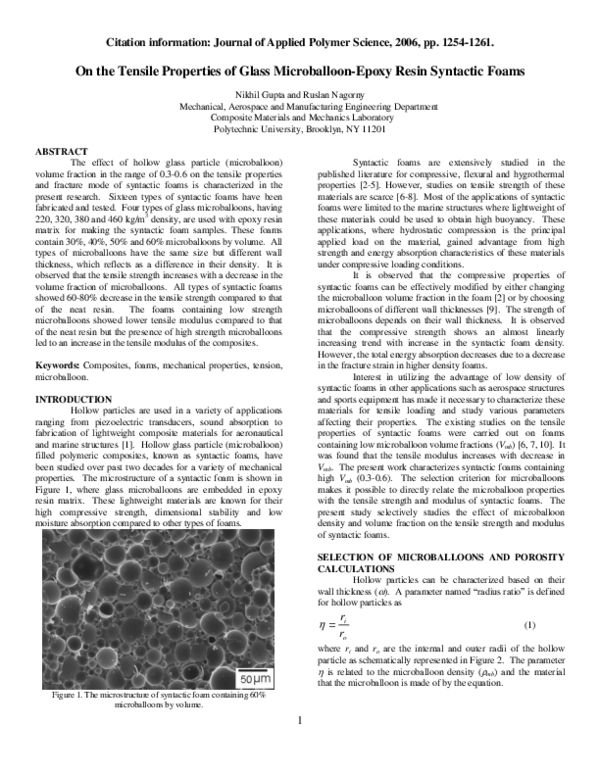 (PDF) Tensile properties of glass microballoon-epoxy resin syntactic foams