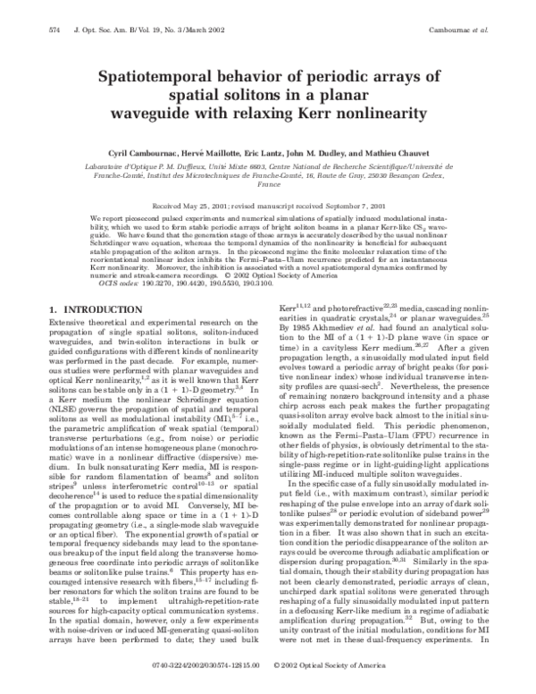 (PDF) Spatiotemporal behavior of periodic arrays of spatial solitons in a planar waveguide with ...